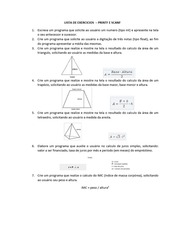 LISTA DE EXERCICIOS 01 Printf e Scanf | PDF