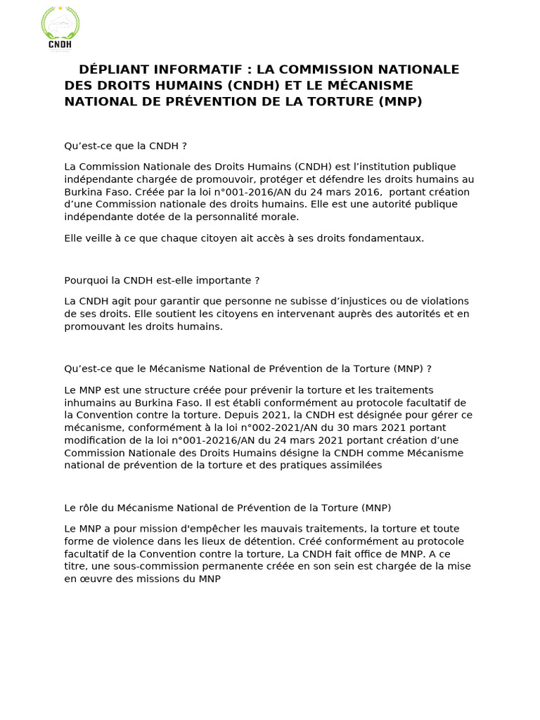Dépliant Informatif CNDH MNP | PDF