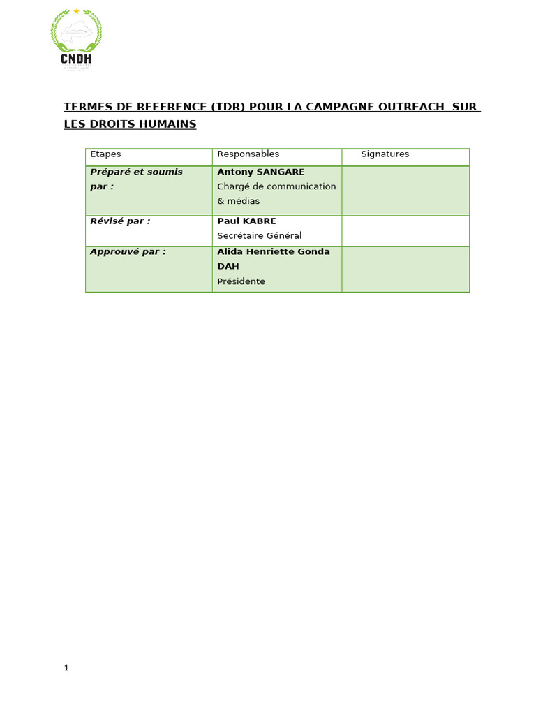 Termes de Référence (TDR) Pour La Campagne Outreach-CNDH - Aout - 2024 ...