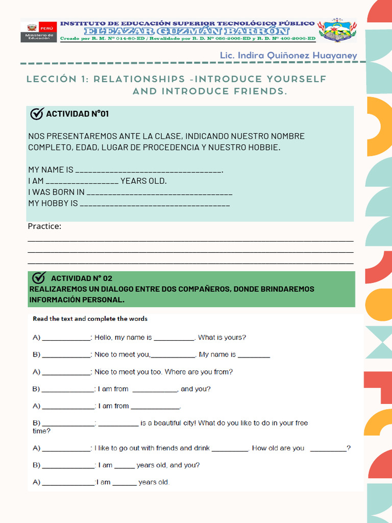 SESION 1 - Relationships Introduce Yourself and Introduce Friends. | PDF