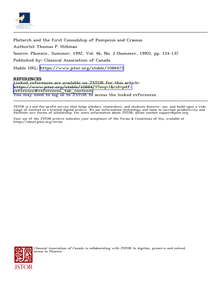 Plutarch and The First Consulship of Pompeius and Crassus | PDF