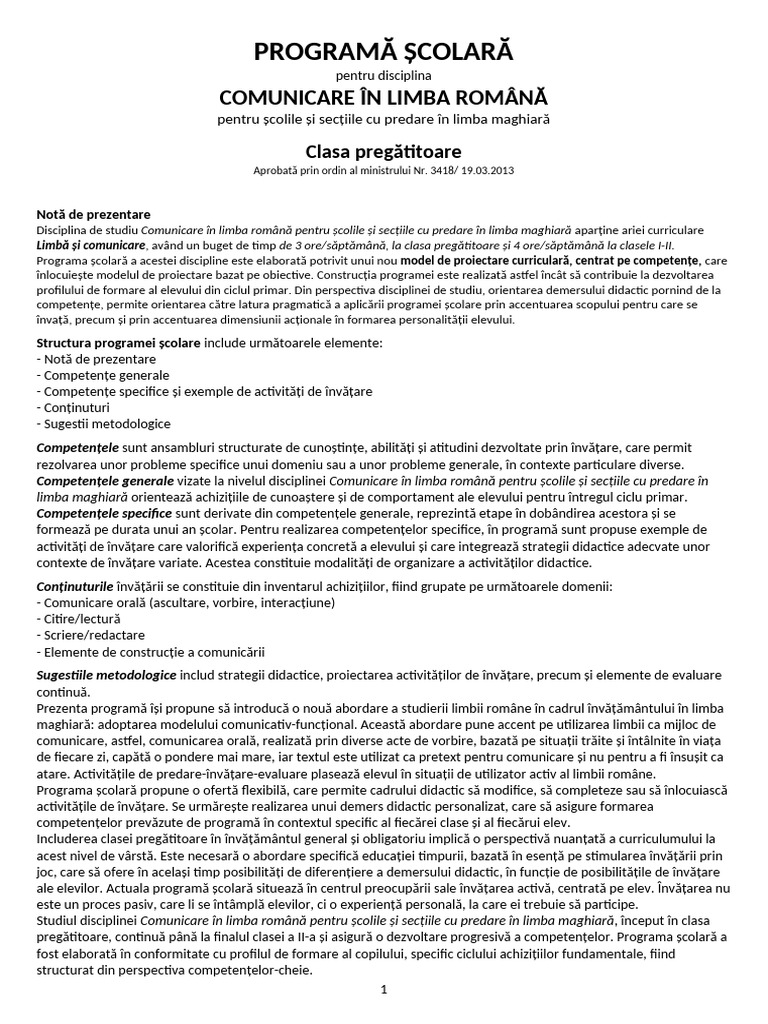 Programa Lb. Romana Pt. Minoritati - Clasa Pregatitoare | PDF