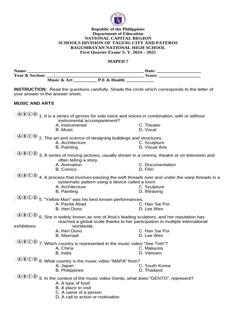 Mapeh-7 1st Periodic Exam | PDF