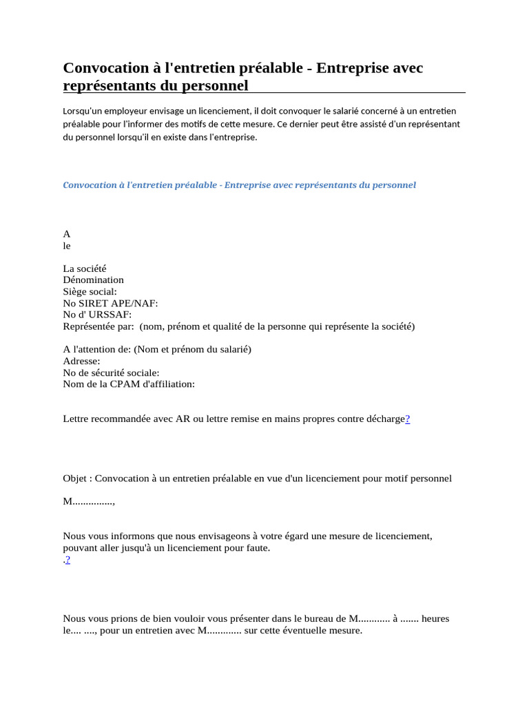 Convocation À L'entretien Préalable - Entreprise Avec Représentants Du Personnel | PDF