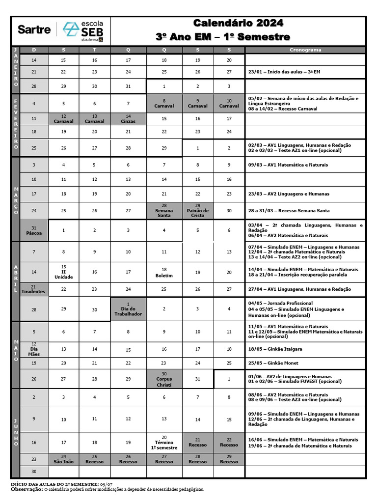 Calendário 3º Ano - 1º Semestre 2024 | PDF