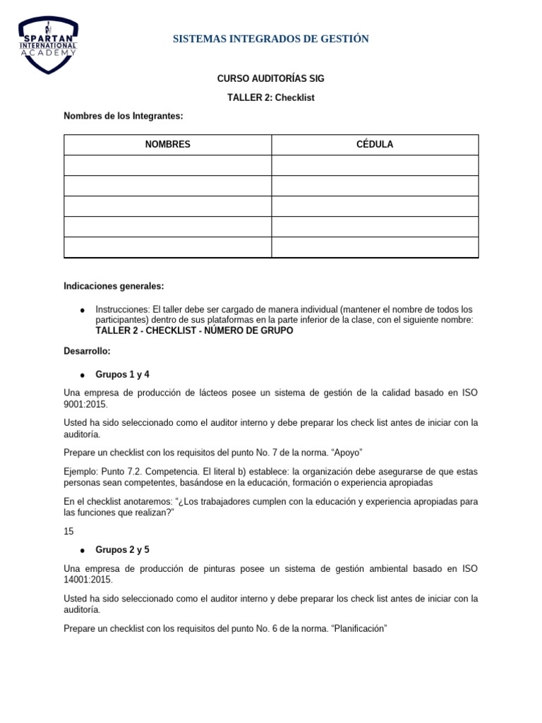 Taller 2 Auditoria Sig Dia 7 8 Checklist | PDF