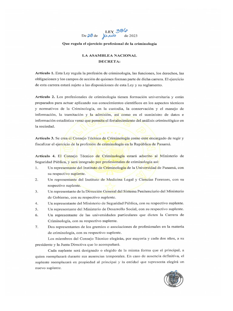 Ley 386 de 2023 Que Regula El Ejercicio Profesional de La Criminologia ...