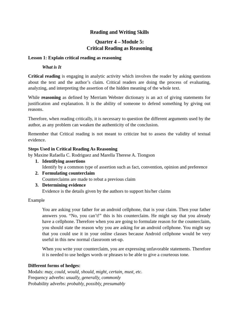 RWS Explain Critical Reading As Reasoning | PDF | Reason | Argument