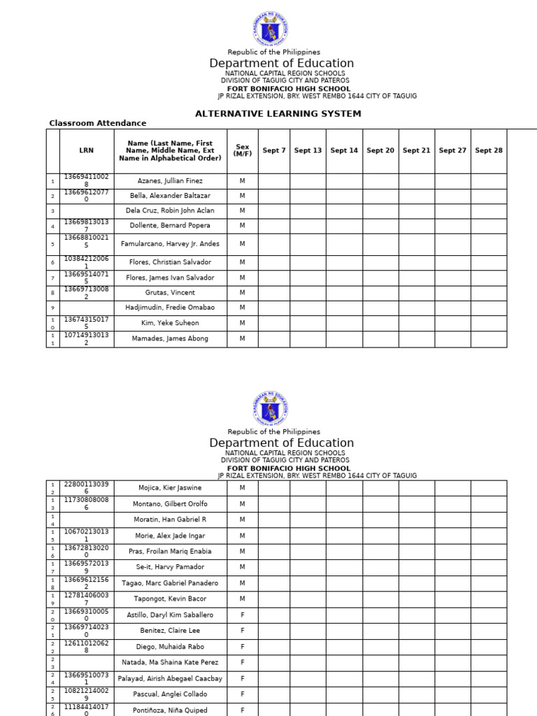 ALS Attendance Template | PDF