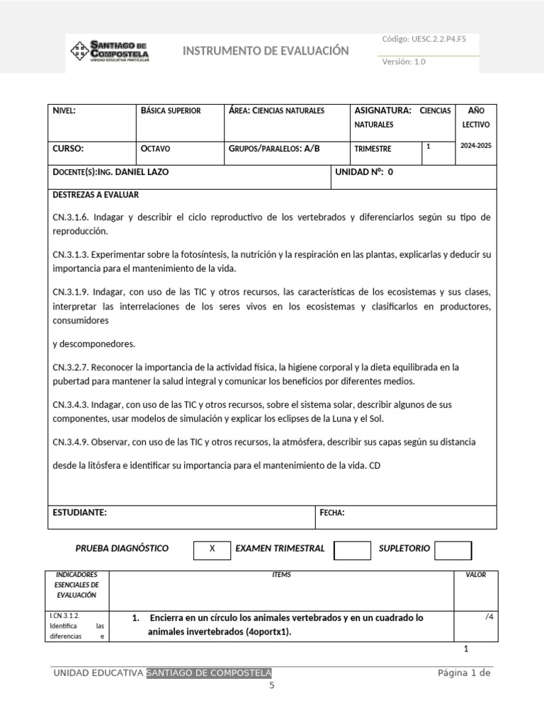 Diagnostica CCNN Octavo-Nee Grado 3 | PDF