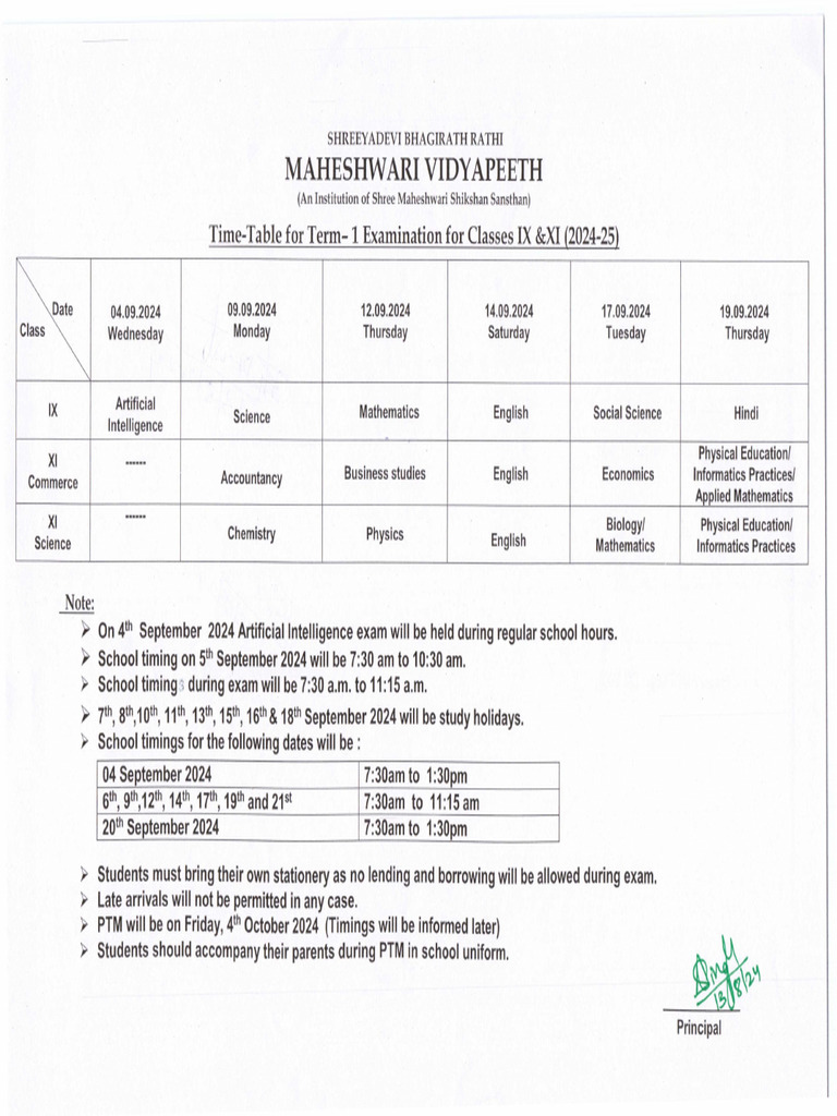 Time-Table For Term-1 Examination For Classes IX &XI (2024-25) | PDF
