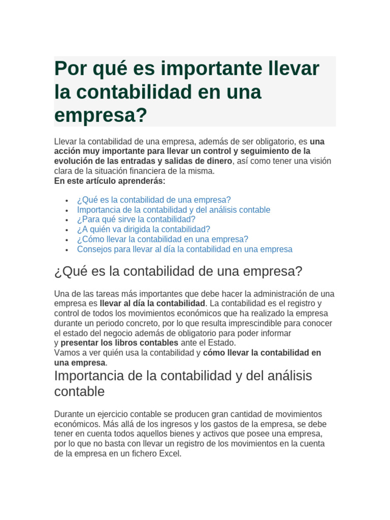 Por qué es importante llevar la contabilidad en una empresa (1) | PDF