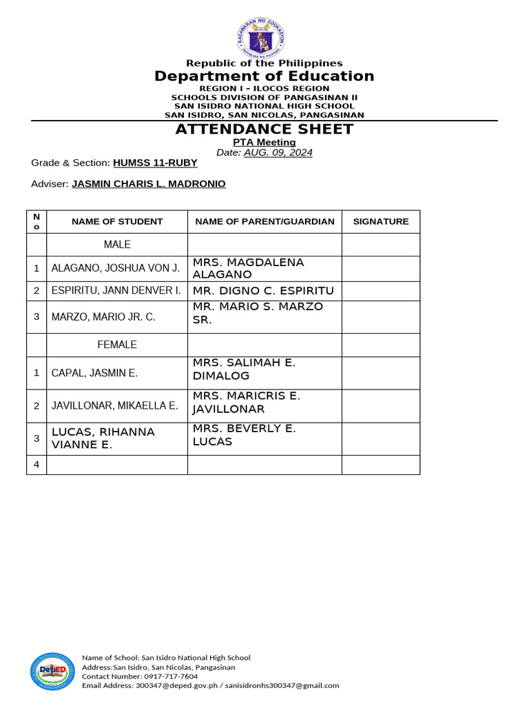 Attendance Sheet For PTA Meeting | PDF