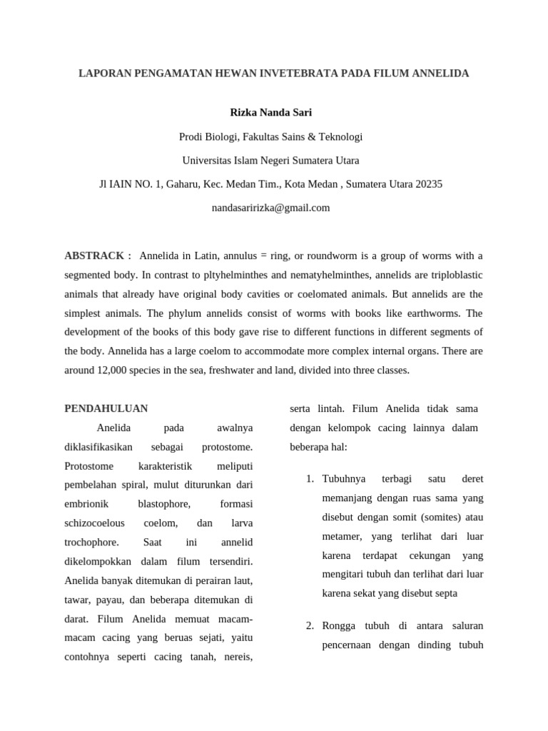 Rizka Bio 2 LAPORAN PENELITIAN ANNELIDA | PDF