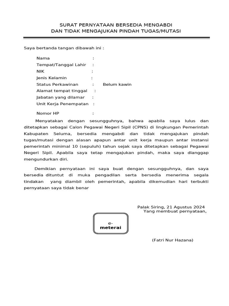 Surat Pernyataan Bersedia Mengabdi | PDF