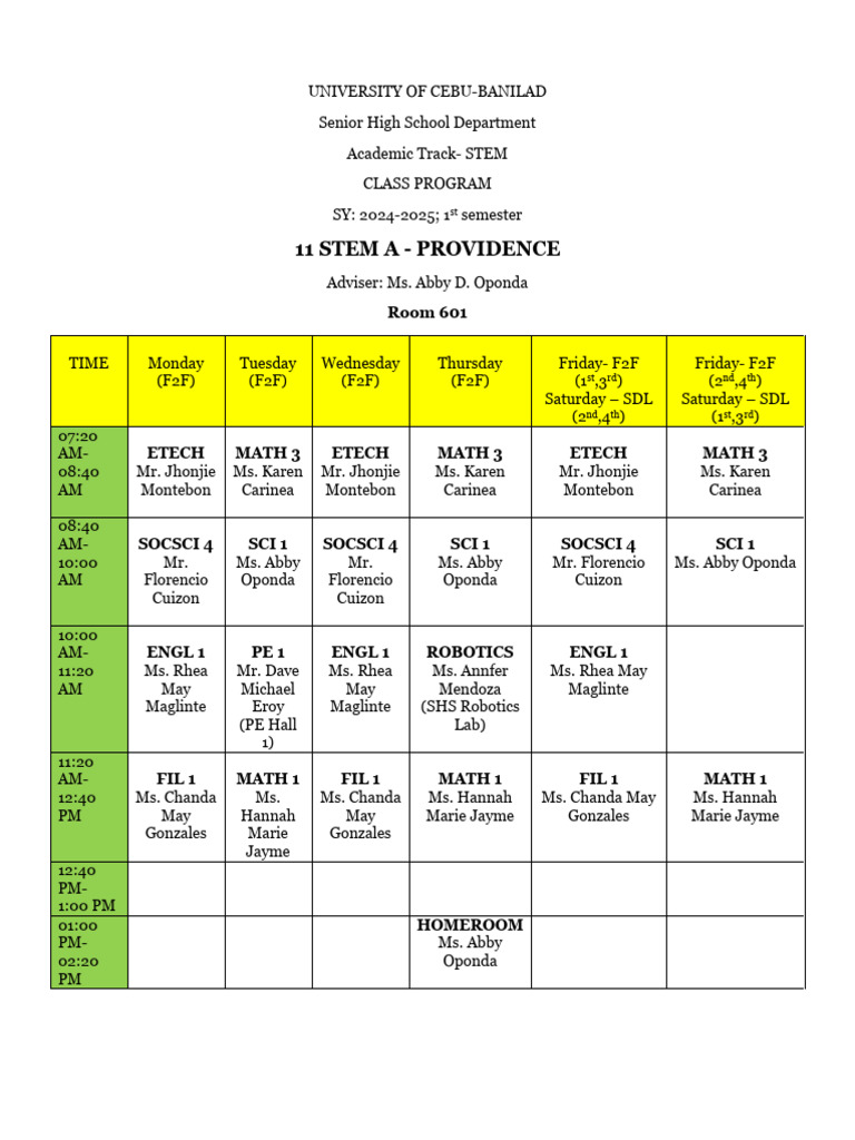 11STEM-A ClassSchedule | PDF