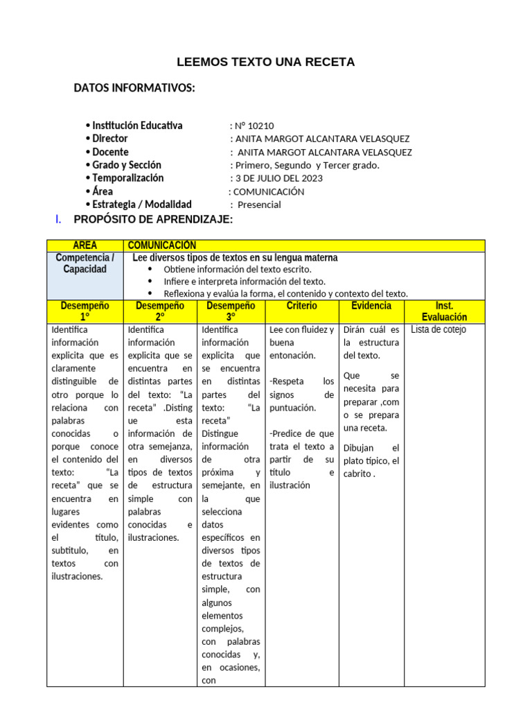 Sesion de Aprendizaje La Receta | PDF