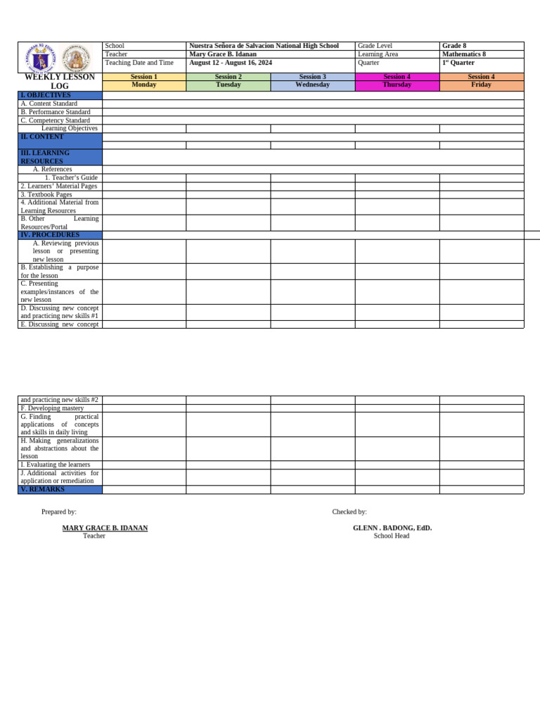 DLL MATH 8 TEMPLATE | PDF