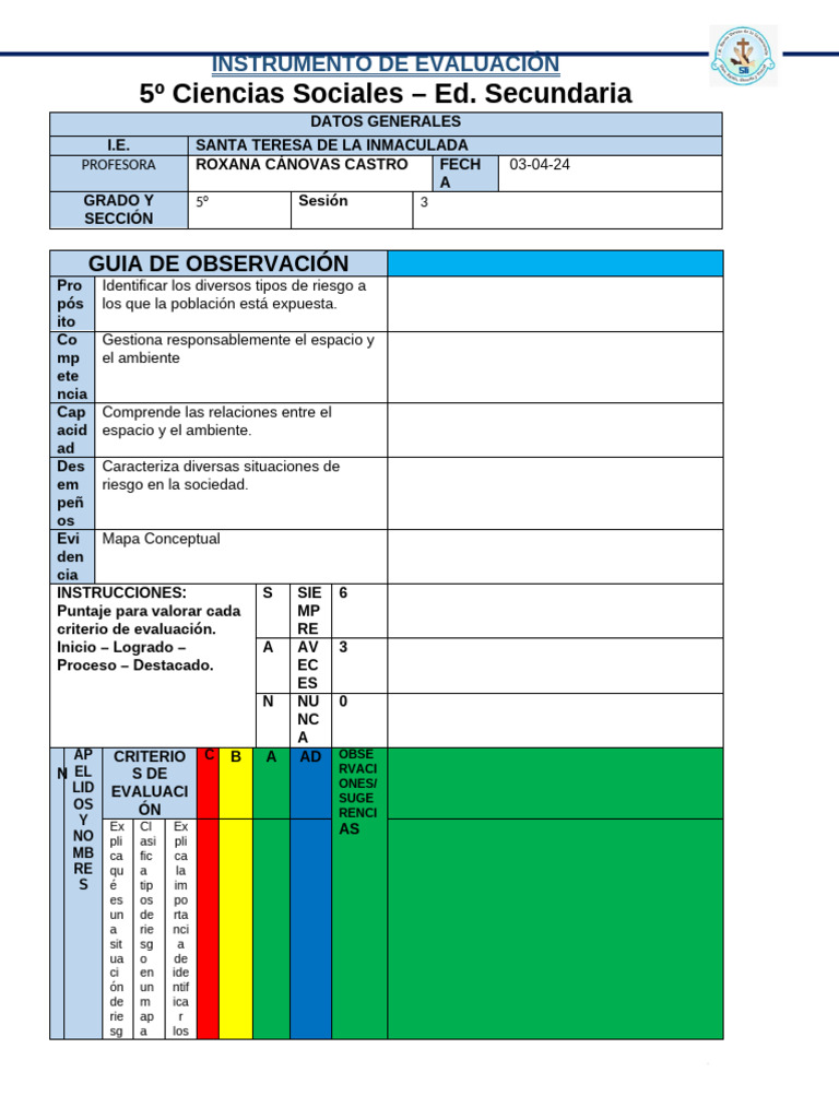 5° Instrumentos de Evaluacion Guia de Observación - Sesión 1-CCSS | PDF