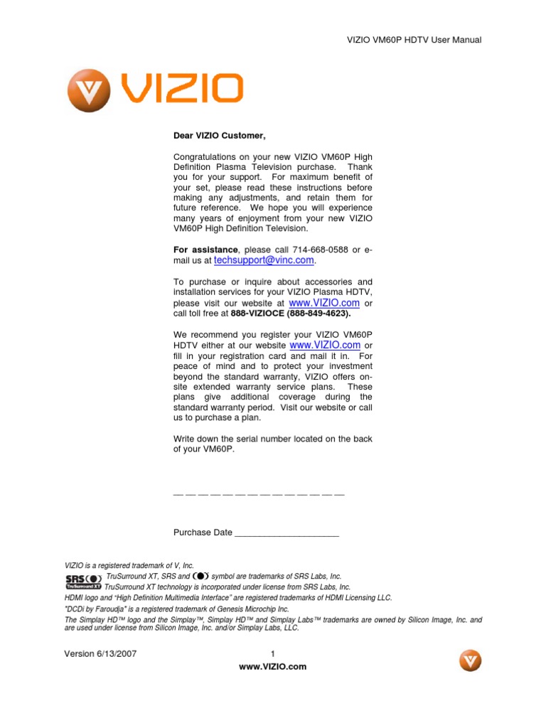 Dear VIZIO Customer | PDF | Set Top Box | Hdmi