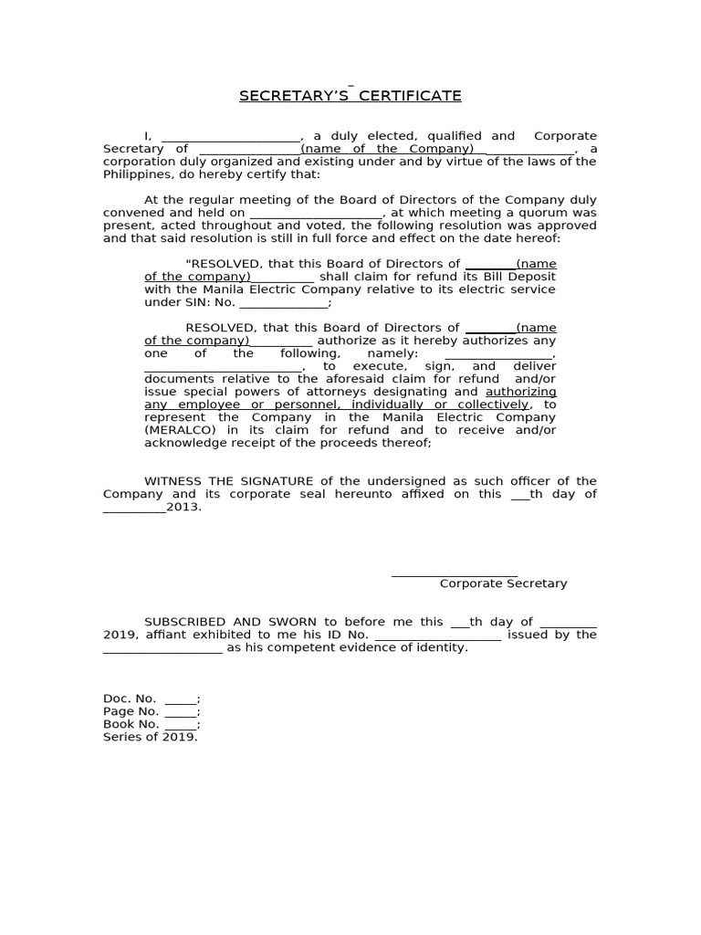 SECRETARY'S CERTIFICATE - Bill Deposit (4) | PDF