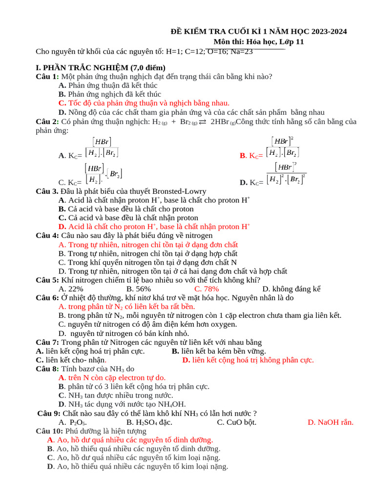 Ktra Cuoi Ki 1-Hoa 11 de 2 | PDF