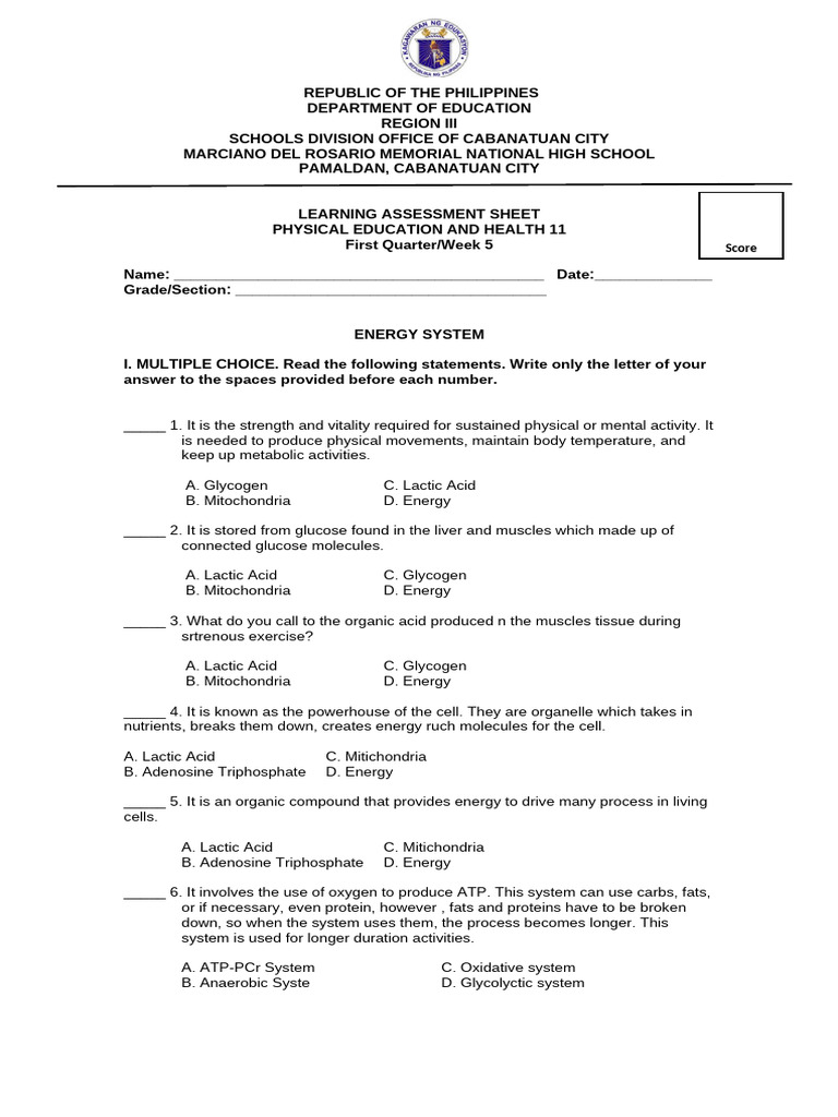Physical Education and Health Learning Activity Sheets Energy System ...