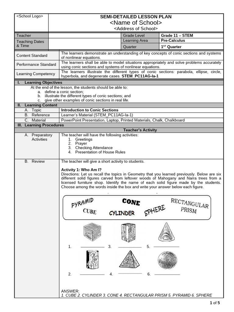 Semi-DetailedLessonPlan-L1-Pre Calculus | PDF | Ellipse | Euclid