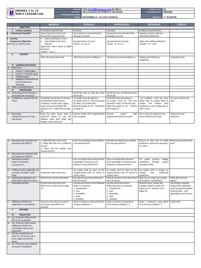 DLL - English 3 - Q1 - W8 | PDF