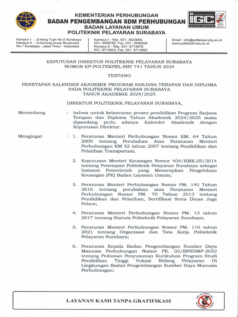 KP Poltekpelsby 741 Tahun 2024 Tentang Penetapan Kalender Akademik Program Sarjana Terapan Dan ...