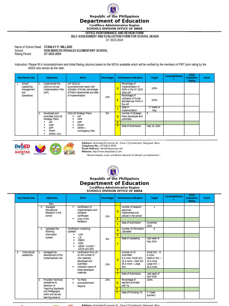 OPCRF_Self Assessment 2023-2024 eugene millare | PDF