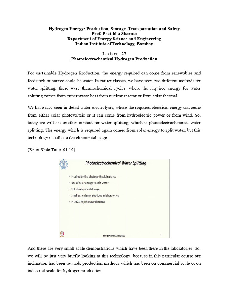 Lec27 - Photoelectrochemical Hydrogen Production | PDF | Band Gap | Anode
