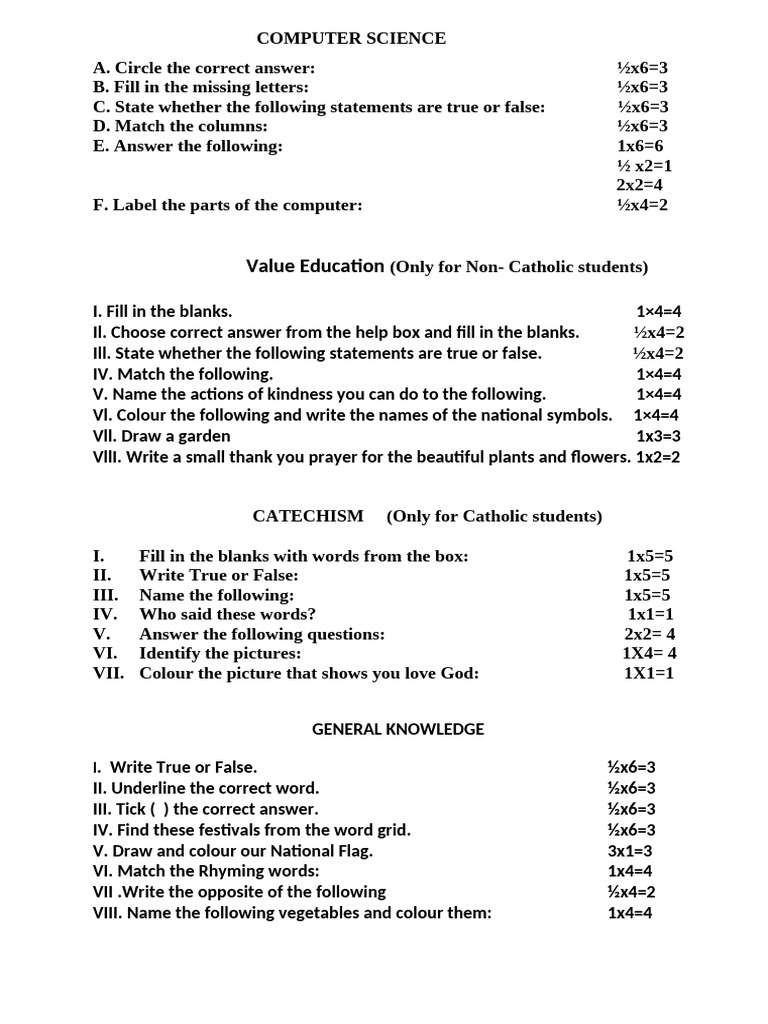Class 1 Mid-Term Exam - 2024 Question Paper Pattern | PDF