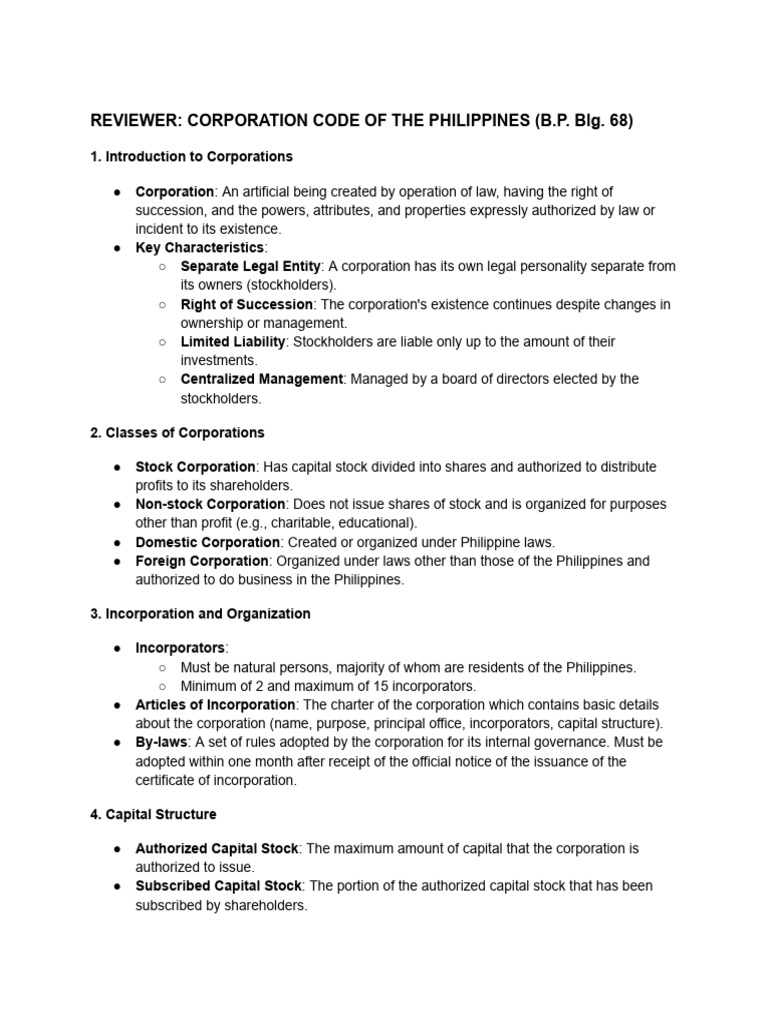 REVIEWER- CORPORATION CODE OF THE PHILIPPINES (B | PDF