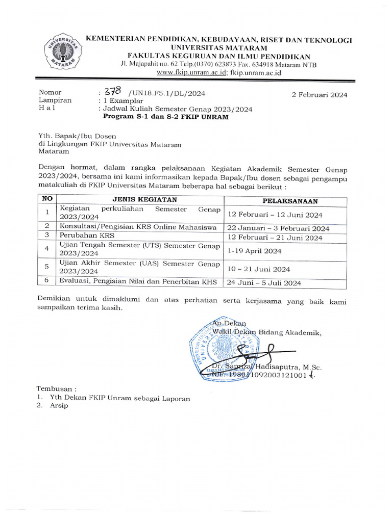 Revisi Jadwal Perkuliahan SMT Genap Pend GSD 2023-2024 7 Feb 24 | PDF