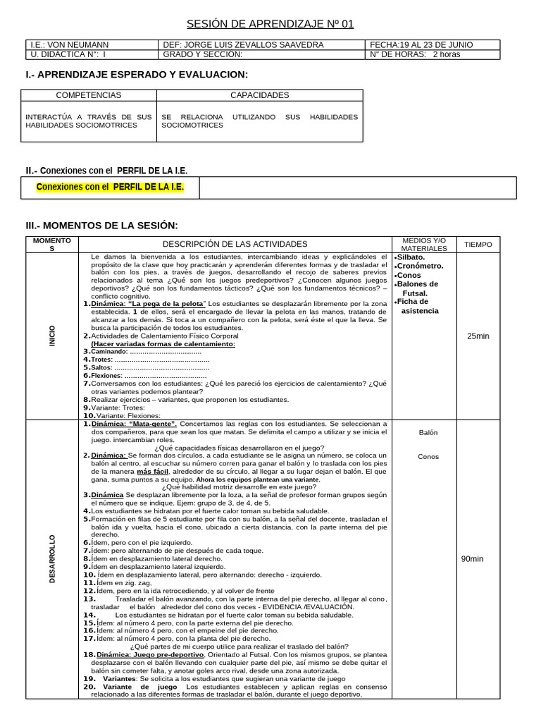Modelo de Sesion de Aprendizaje Educacion Fisica | PDF
