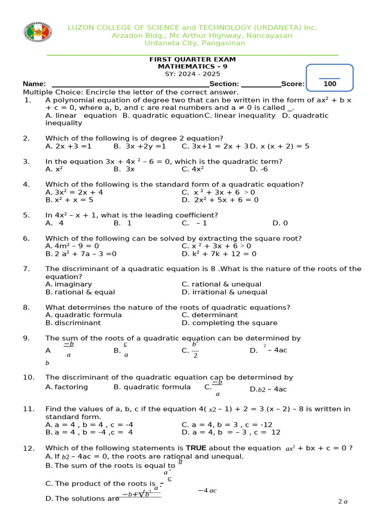 MATH-9-FIRST-QUARTER-EXAM-with-answer-key | PDF