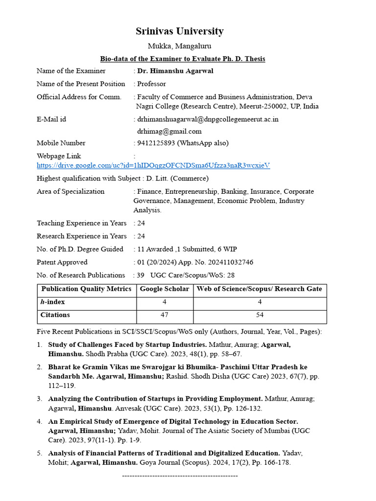 PH.D Biodata Form Sriniwas University, Manglore | PDF