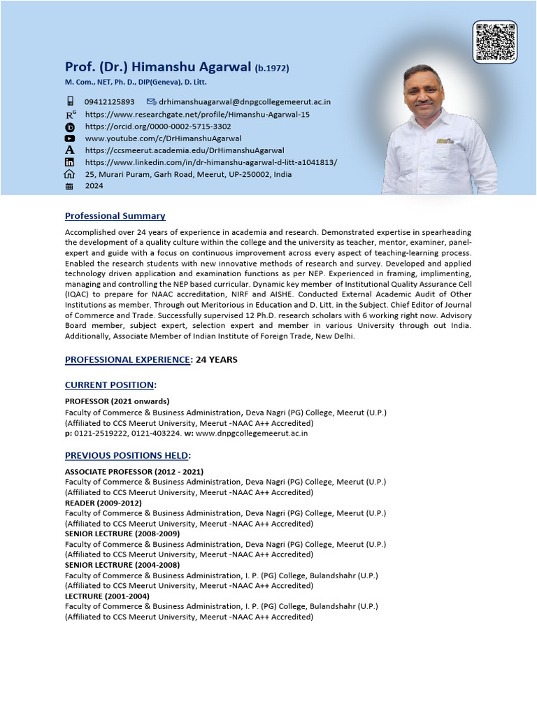 CV Prof. Himanshu Agarwal 2024 | PDF