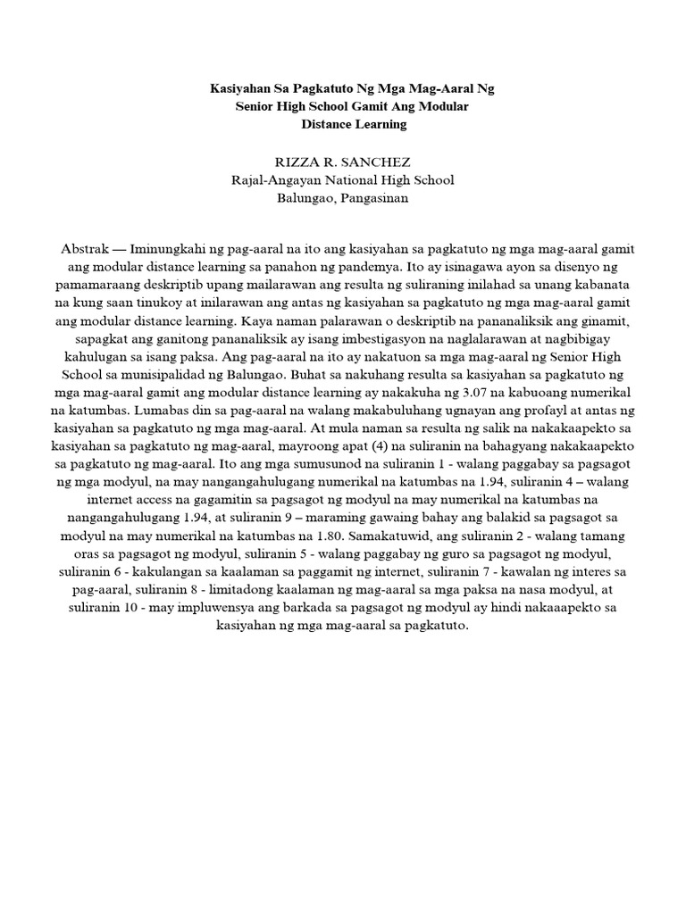 Kasiyahan Sa Pagkatuto NG Mga Mag-Aaral NG Senior High School Gamit Ang ...
