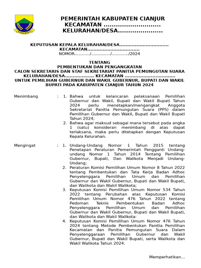 Format SK Sekretariat PPS Pilkada 2024 | PDF