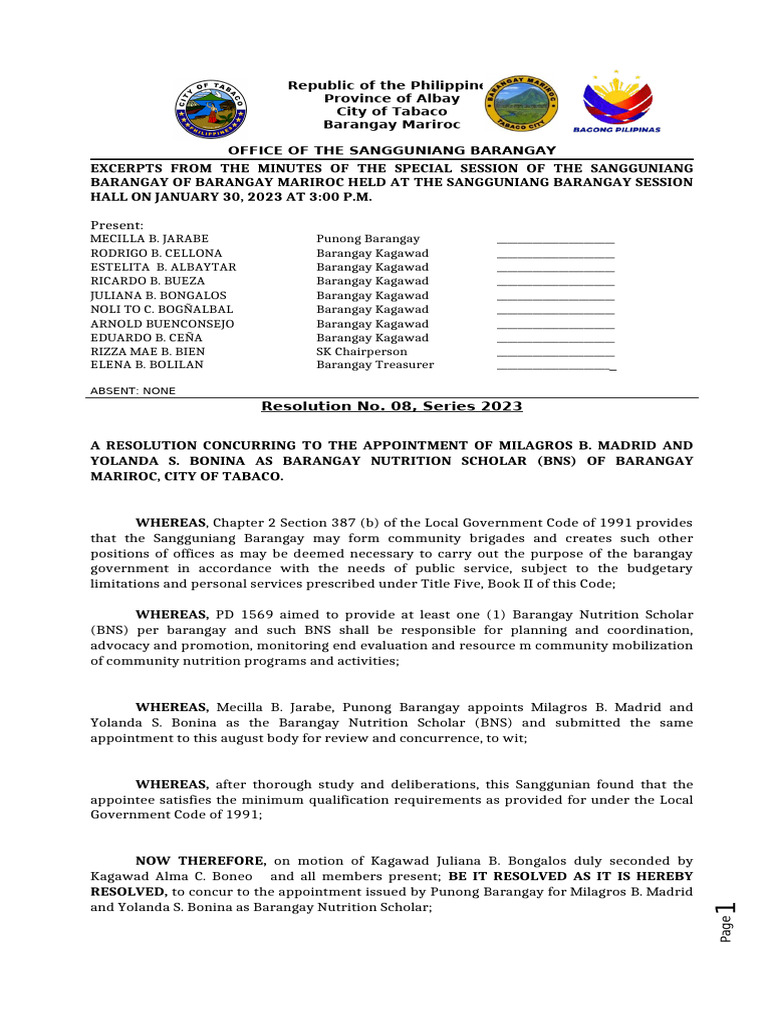 Barangay-Nutrition-Scholar BNS Reso- Appointment | PDF