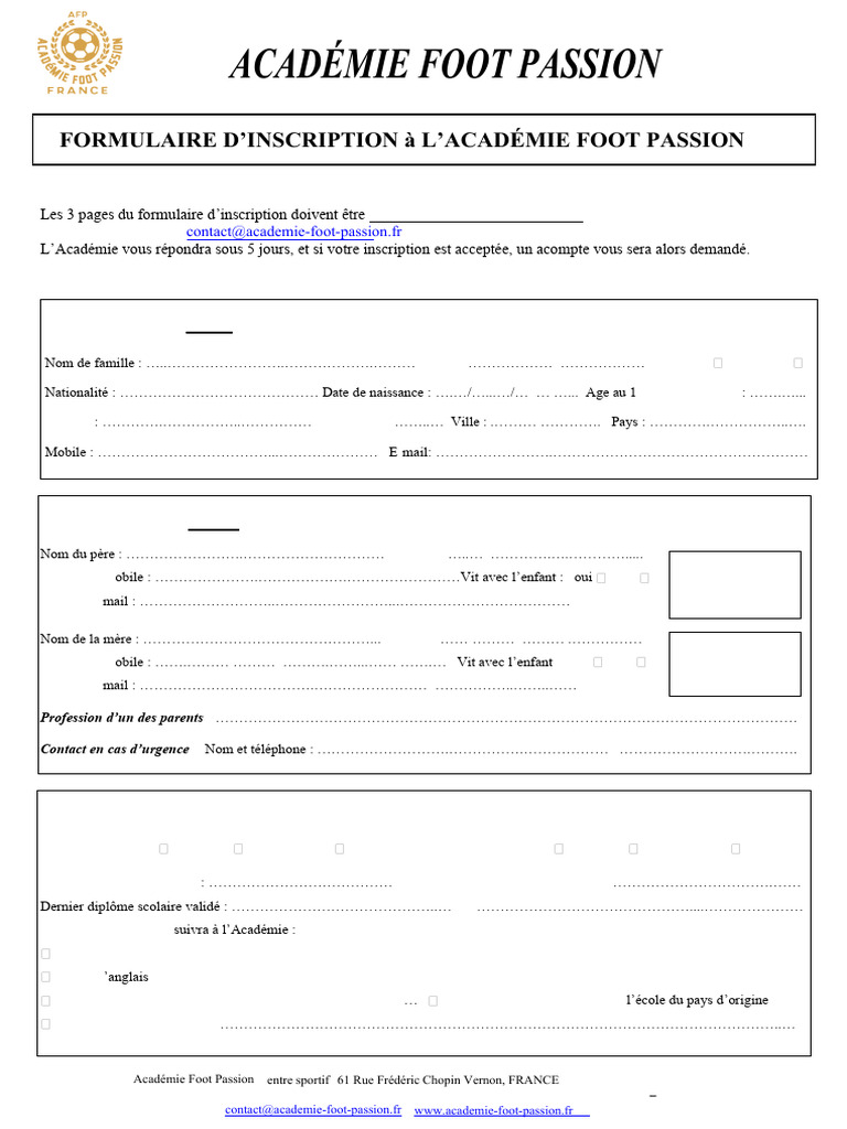 Inscription Académie Foot Passion 2024 | PDF | Sports & Recreation