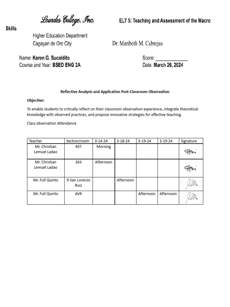 Classroom Observation Reflection Report | PDF | Constructivism ...