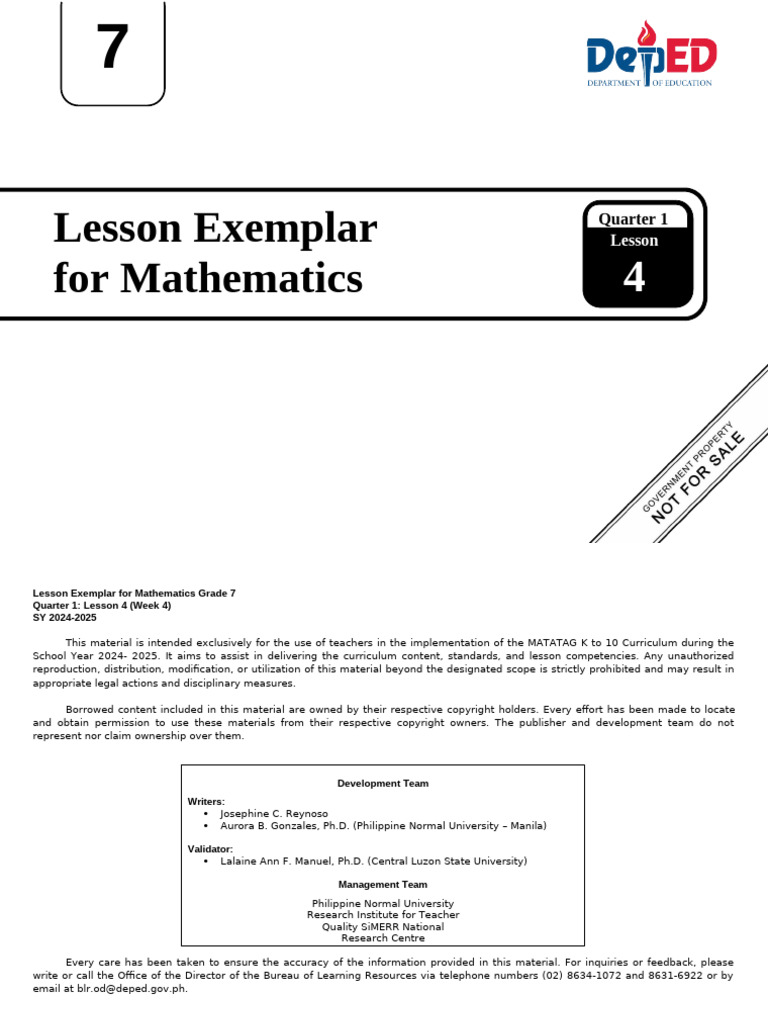 Q1 - LE - Mathematics 7 - Lesson 4 - Week 4 | PDF | Percentage | Learning