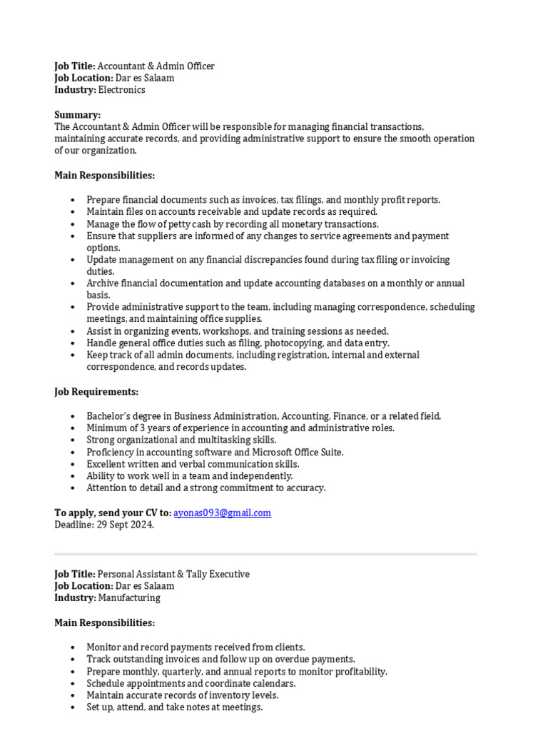 Accountant & Admin, Tally Executive Vacancy | PDF