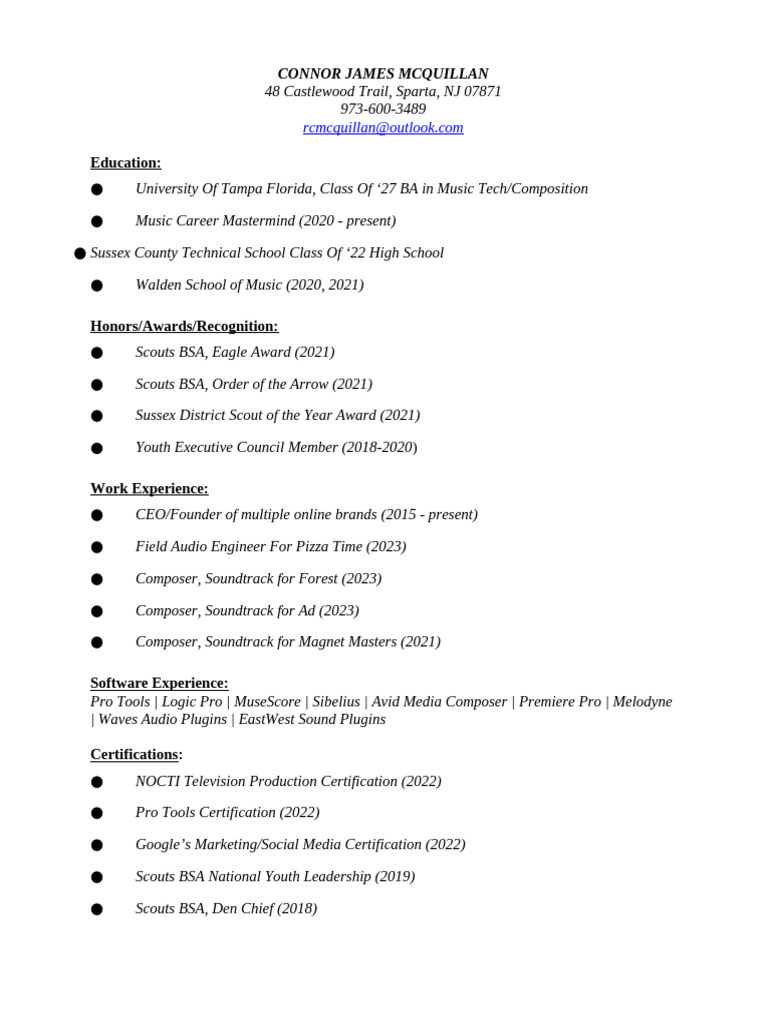 MCQUILLAN, Connor James - Resume - 2024 - Updated 6-28-2024 | PDF