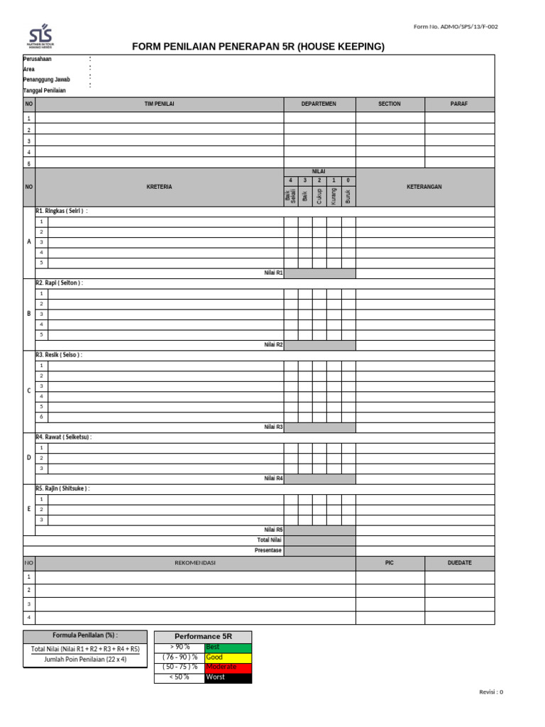 ADMO SPS 13 F-002 R0 Form Penilaian 5R (House Keeping) | PDF