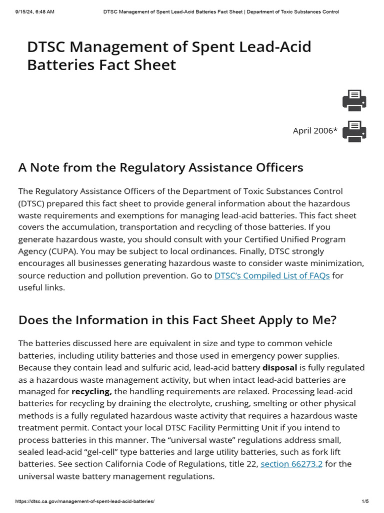 DTSC Management of Spent Lead-Acid Batteries Fact Sheet - Department of ...