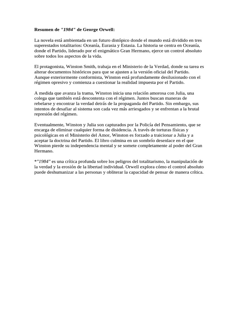 Resumen de 1984 de George Orwell | PDF | Ciencias sociales
